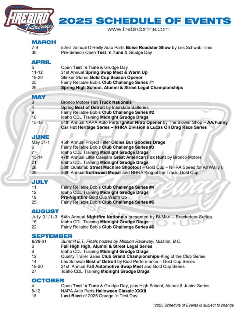 2025 Calendar of Events | Firebird Raceway